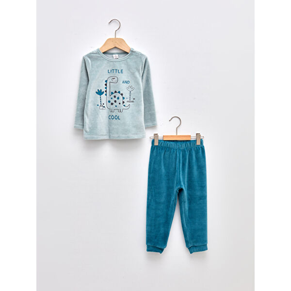 Bisiklet Yaka Uzun Kollu Baskılı Kadife Erkek Bebek Pijama Takımı