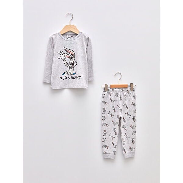 Bisiklet Yaka Uzun Kollu Bugs Bunny Baskılı Pamuklu Erkek Bebek Pijama Takımı