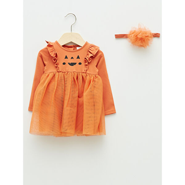 Bisiklet Yaka Uzun Kollu Baskılı Kız Bebek Tül Etekli Elbise ve Saç Bandı 2'li Takım