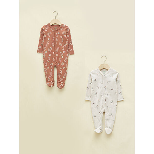 V Yaka Uzun Kollu Organik Pamuklu Erkek Bebek Tulum 2'li