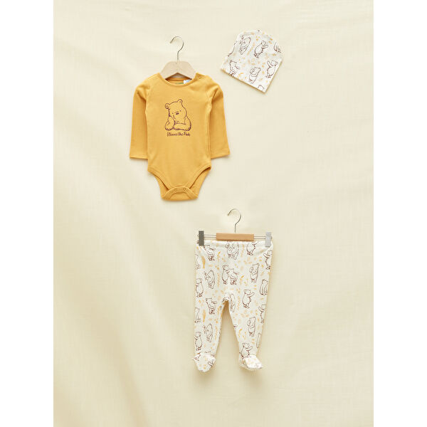Bisiklet Yaka Uzun Kollu Winnie the Pooh Baskılı Organik Pamuklu Erkek Bebek 3'lü Takım