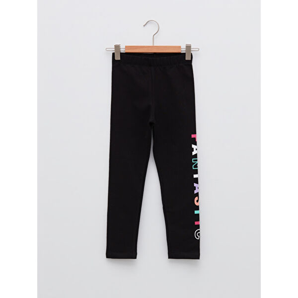 Beli Lastikli Yazı Baskılı Pamuklu Kız Çocuk Uzun Tayt