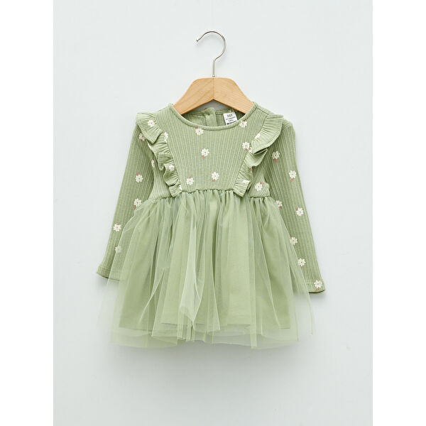 Bisiklet Yaka Uzun Kollu Desenli Tül Etekli Kız Bebek Elbise