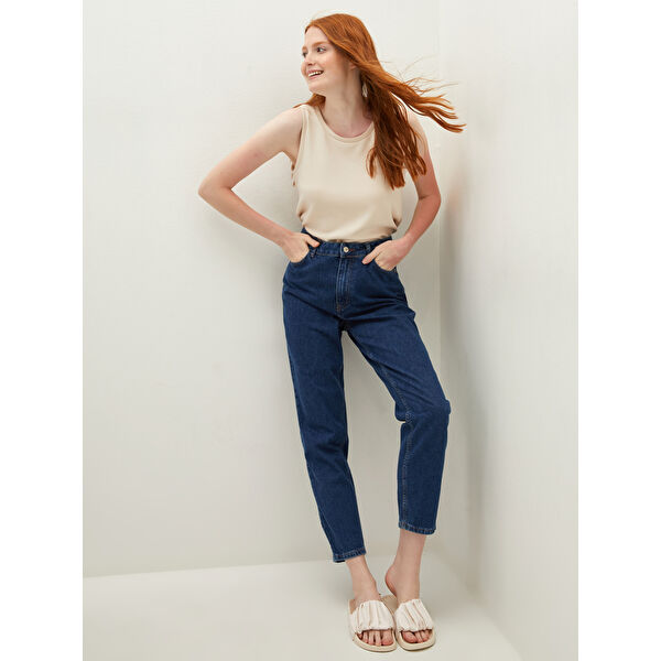 INCLUSIVE SIZE Yüksek Bel Mom Fit Cep Detaylı Kadın Rodeo Jean Pantolon