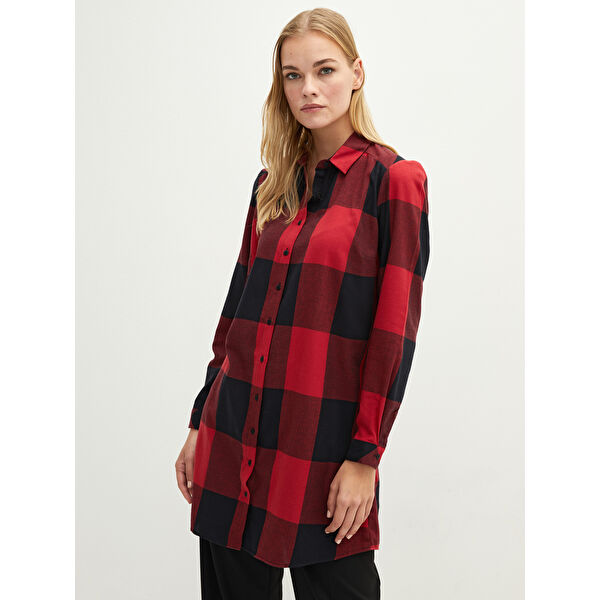 LCW CLASSIC Gömlek Yaka Ekose Uzun Kollu Poplin Kadın Tunik