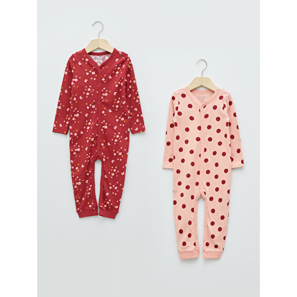 V Yaka Uzun Kollu  Pamuklu Kız Bebek Tulum 2'li