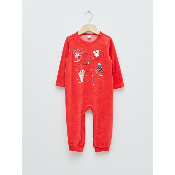 Bisiklet Yaka Uzun Kollu Yılbaşı Temalı Kadife Erkek Bebek Tulum