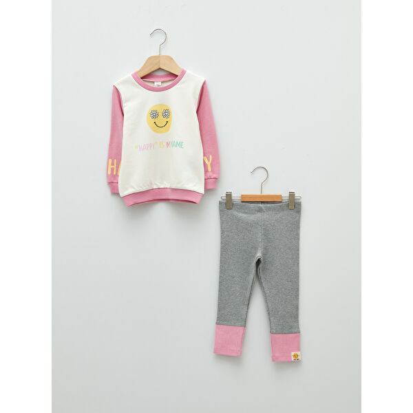 Bisiklet Yaka Uzun Kollu Baskılı Kız Bebek Sweatshirt ve Tayt Pantolon 2'li Takım