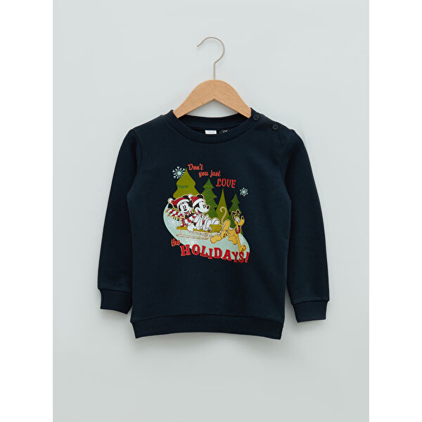 Bisiklet Yaka Uzun Kollu Mickey Mouse Baskılı Yılbaşı Temalı Erkek Bebek Sweasthirt Baba ve Oğul Kombini