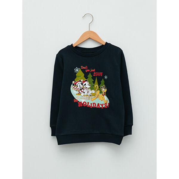 Bisiklet Yaka Disney Baskılı Uzun Kollu Erkek Çocuk Sweatshirt Baba ve Oğul Kombini