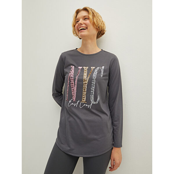 Bisiklet Yaka Pul Payet Baskılı Uzun Kollu Kadın Tişört