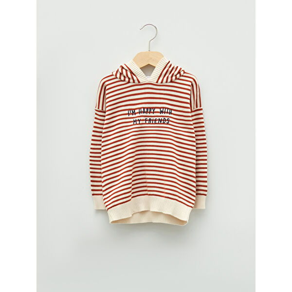 Kapüşonlu Uzun Kollu Çizgili Pamuklu Erkek Bebek Triko Kazak
