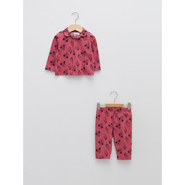 Polo Yaka Mickey Mouse Baskılı Uzun Kollu Kız Bebek Pijama Takımı