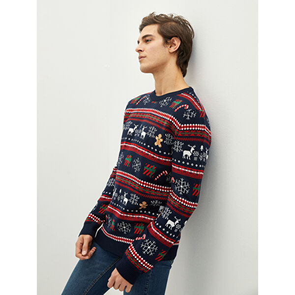 LCW CASUAL Bisiklet Yaka Yılbaşı Temalı Uzun Kollu Baskılı Erkek Kazak