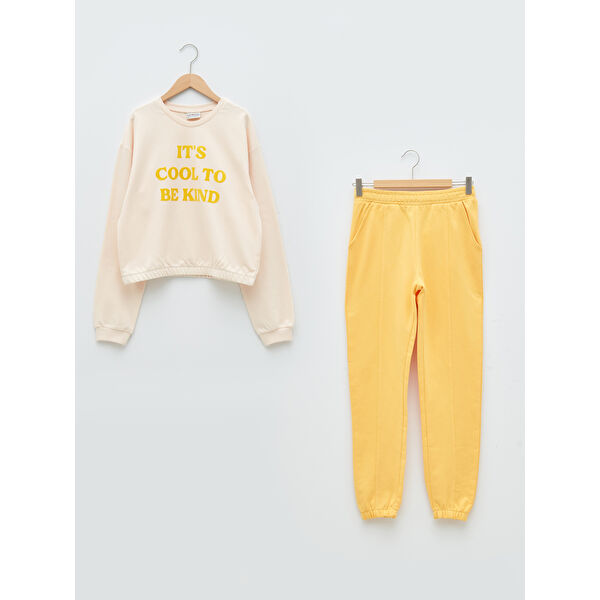 Bisiklet Yaka Yazı Baskılı Uzun Kollu Kız Çocuk Sweatshirt ve Eşofman Altı