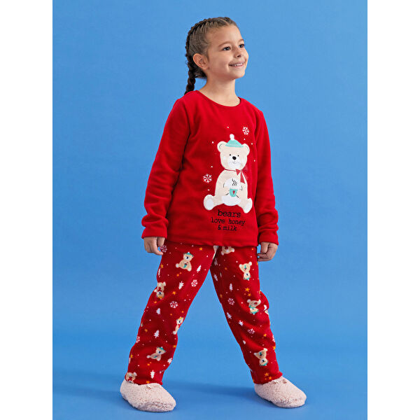 Bisiklet Yaka Yılbaşı Temalı Uzun Kollu Polar Kız Çocuk Pijama Takımı Bisiklet Yaka Yılbaşı Temalı Uzun Kollu Polar Kız Çocuk Pijama Takımı