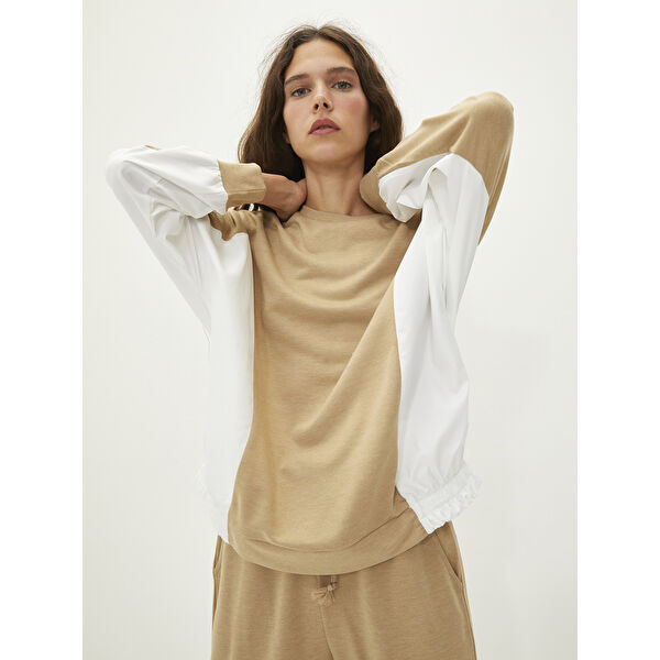 Bisiklet Yaka Renk Bloklu Uzun Kollu Kadın Sweatshirt