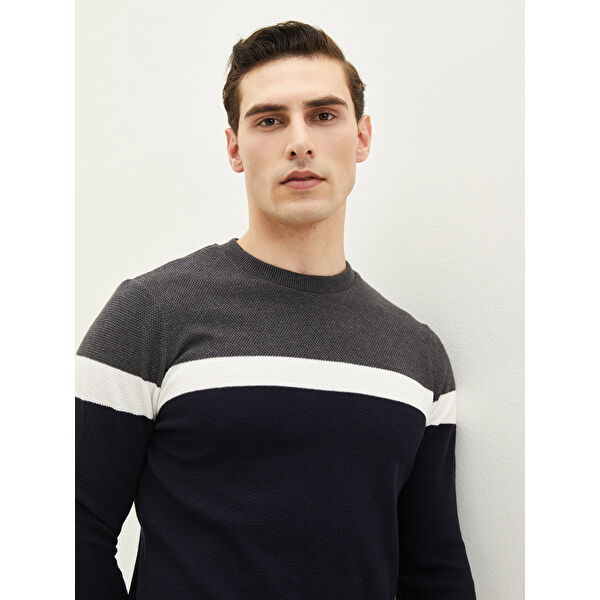 Bisiklet Yaka Uzun Kollu Renk Bloklu Erkek Triko Kazak