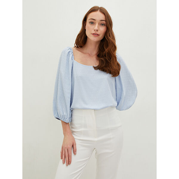 Kare Yaka Desenli Poplin Kadın Bluz Kare Yaka Desenli Poplin Kadın Bluz