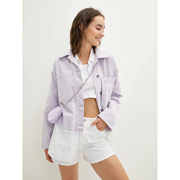 Gömlek Yaka Düz Uzun Kollu Cep Detaylı Poplin Kadın Ceket