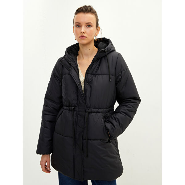 Kapüşonlu Düz Uzun Kollu Kadın Şişme Mont