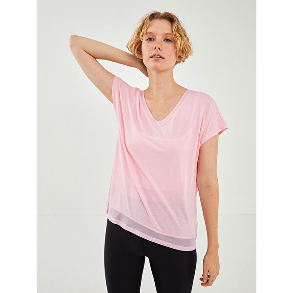 V Yaka Düz Kısa Kollu Kadın Spor Tişört