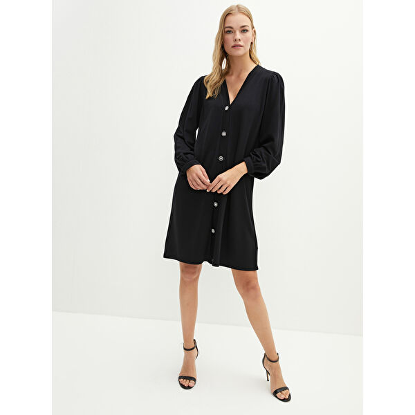 LCW CLASSIC V Yaka Parlak Taş Detaylı Uzun Kollu A Kesim Krep Kadın Elbise LCW CLASSIC V Yaka Parlak Taş Detaylı Uzun Kollu A Kesim Krep Kadın Elbise