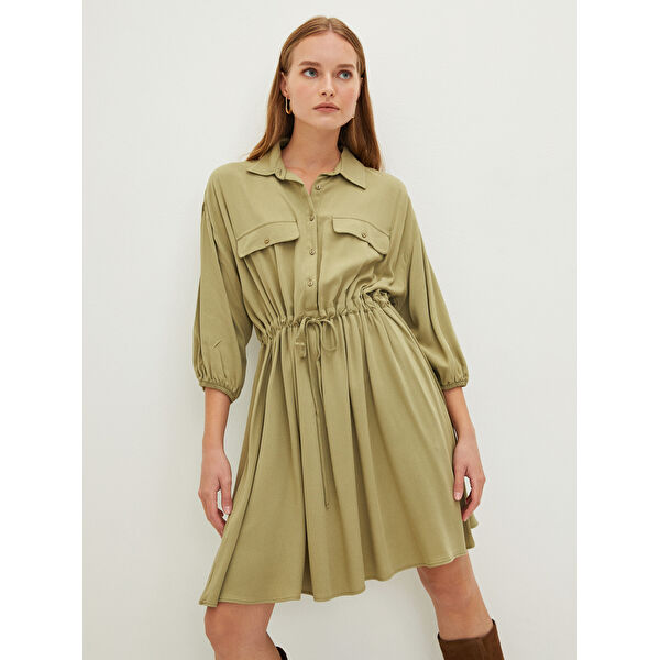 Gömlek Yaka Cep Detaylı Uzun Kollu Viskon Kadın Elbise Gömlek Yaka Cep Detaylı Uzun Kollu Viskon Kadın Elbise