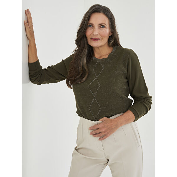 Bisiklet Yaka Kendinden Desenli Uzun Kollu Kadın Triko Kazak