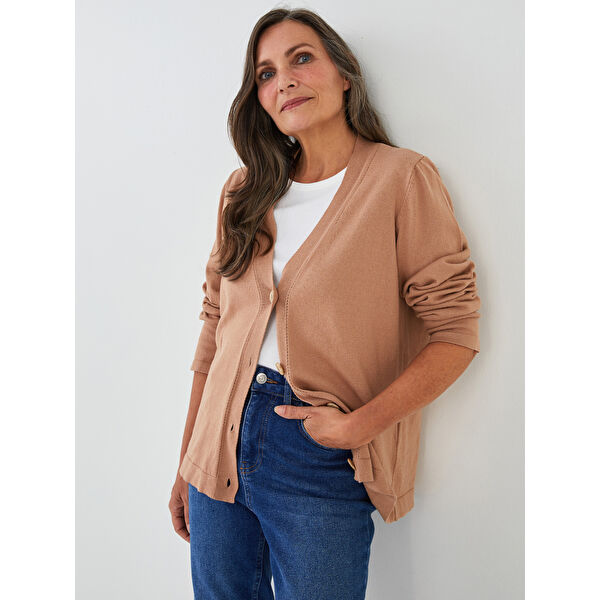 V Yaka Düz Uzun Kollu Kadın Triko Hırka