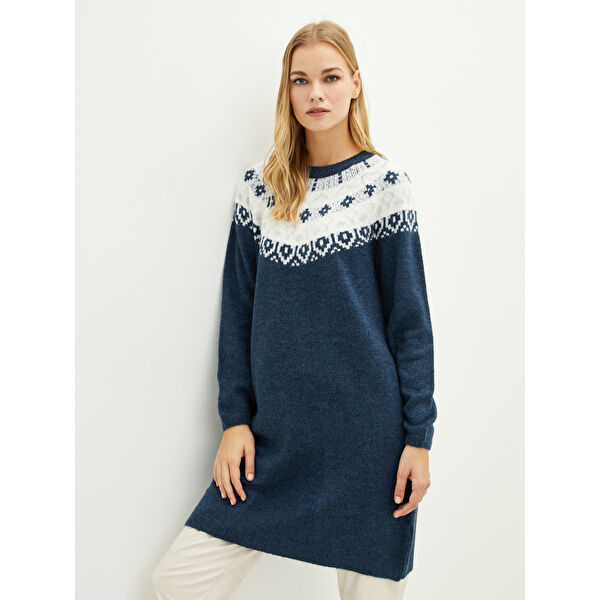 Bisiklet Yaka Kendinden Desenli Uzun Kollu Kadın Triko Tunik Bisiklet Yaka Kendinden Desenli Uzun Kollu Kadın Triko Tunik