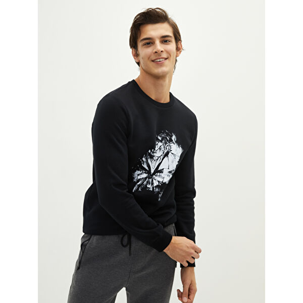 Bisiklet Yaka Uzun Kollu Joker Baskılı Erkek Sweatshirt