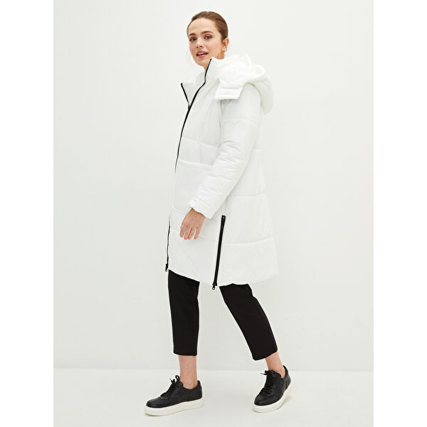 Kapüşonlu Düz Uzun Kollu Kadın Şişme Mont