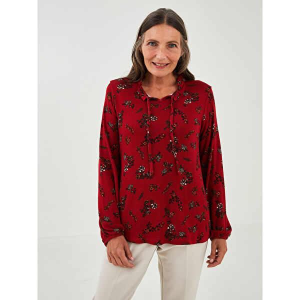 Bağlamalı Yaka Desenli Uzun Kollu Kadın Bluz