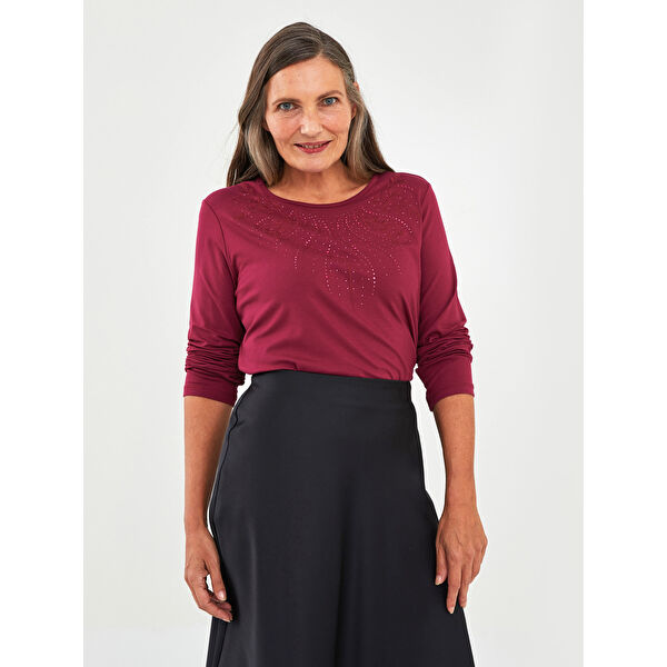 Bisiklet Yaka Nakışlı Uzun Kollu Kadın Bluz