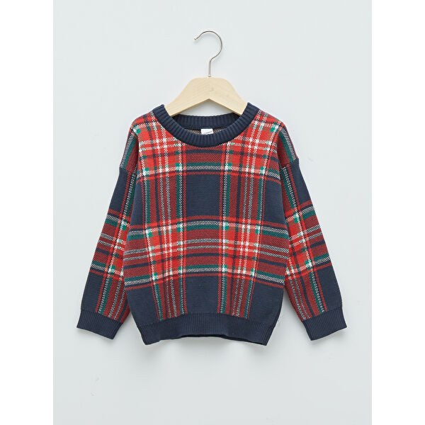 Bisiklet Yaka Uzun Kollu Ekose Desenli Erkek Bebek Triko Kazak