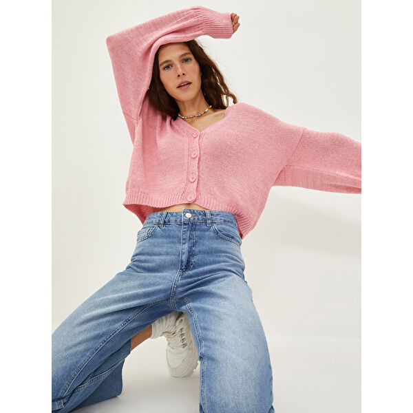 V Yaka Düz Uzun Kollu Kadın Triko Hırka