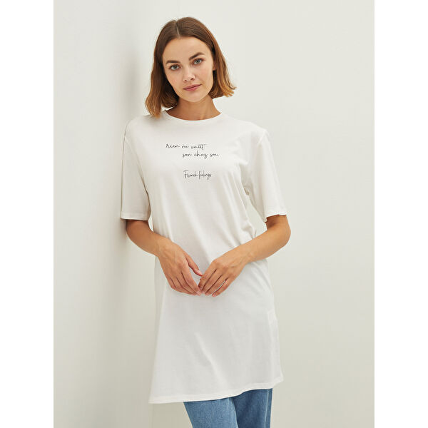 Bisiklet Yaka Baskılı Kısa Kollu Pamuklu Kadın Tunik