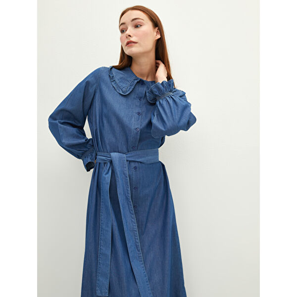 Bebe Yaka Düz Uzun Kollu Beli Kuşaklı Kadın Jean Elbise