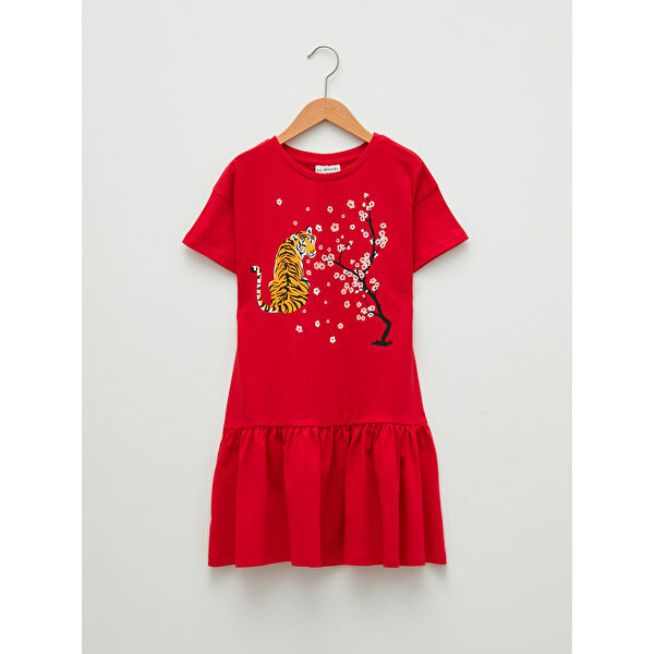 Bisiklet Yaka Baskılı Kısa Kollu Pamuklu Kız Çocuk Elbise Bisiklet Yaka Baskılı Kısa Kollu Pamuklu Kız Çocuk Elbise