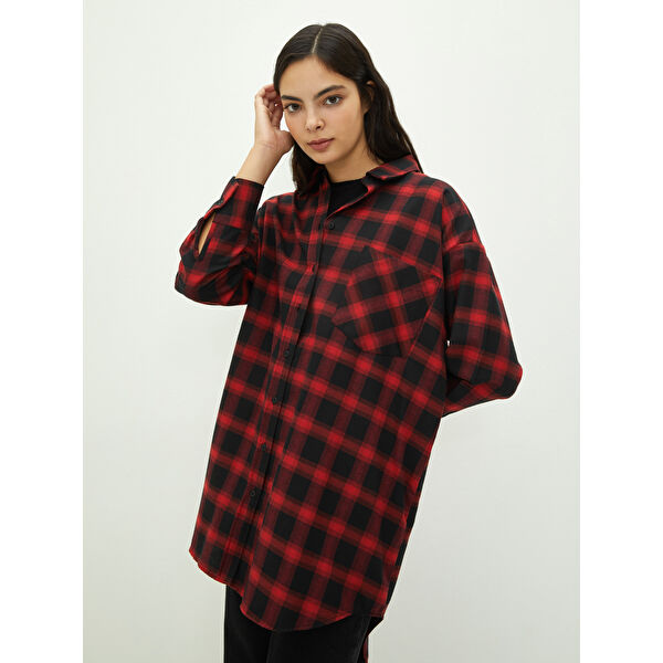 Gömlek Yaka Ekose Uzun Kollu Oversize Kadın Tunik Gömlek Yaka Ekose Uzun Kollu Oversize Kadın Tunik