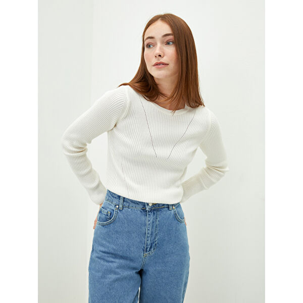 Bisiklet Yaka Kendinden Desenli Uzun Kollu Kadın Triko Kazak Bisiklet Yaka Kendinden Desenli Uzun Kollu Kadın Triko Kazak