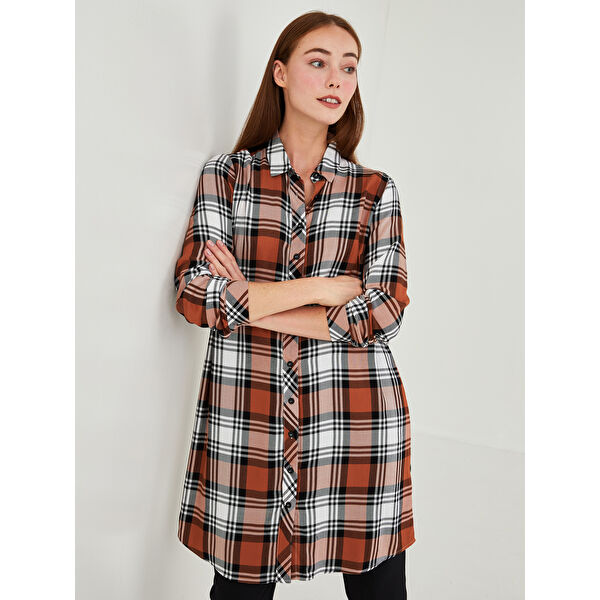 Gömlek Yaka Ekose Uzun Kollu Viskon Kadın Tunik