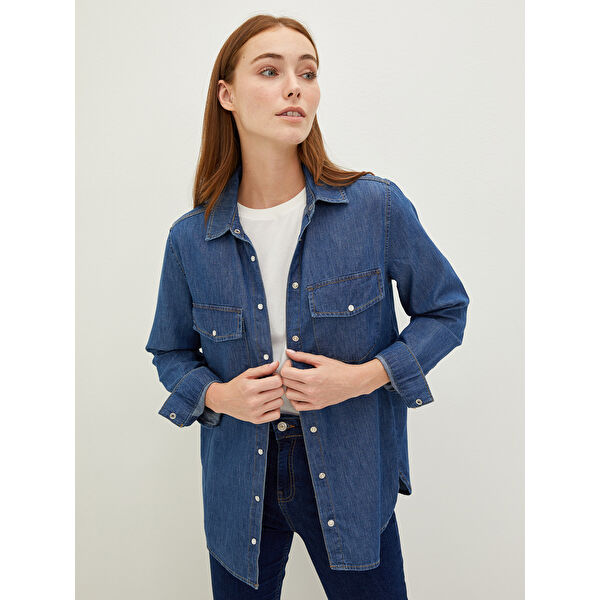 Önden Düğmeli Uzun Kollu Cep Detaylı Kadın Rodeo Jean Gömlek Önden Düğmeli Uzun Kollu Cep Detaylı Kadın Rodeo Jean Gömlek