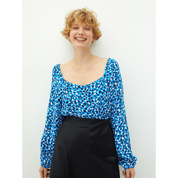 V Yaka Desenli Uzun Kollu Maroken Kumaş Kadın Bluz