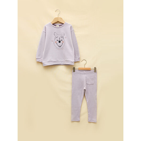 LCW GREEN Bisiklet Yaka Uzun Kollu Winnie the Pooh Baskılı Organik Pamuklu Kız Bebek Sweatshirt ve Tayt 2'li Takım