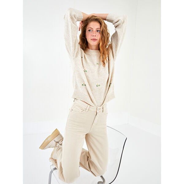 XSIDE Bisiklet Yaka Nakışlı Uzun Kollu Kadın Triko Kazak