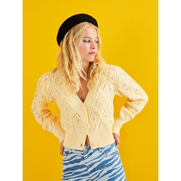 V Yaka Kendinden Desenli Uzun Kollu Kadın Triko Hırka