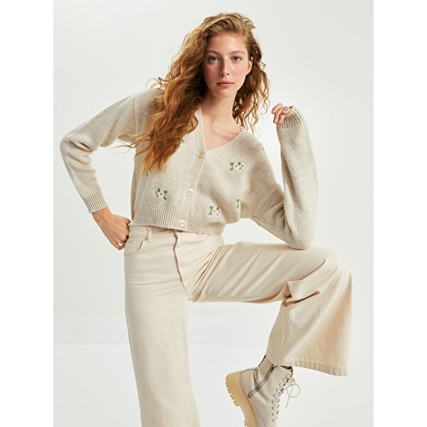 XSIDE V Yaka Nakışlı Uzun Kollu Kadın Triko Hırka