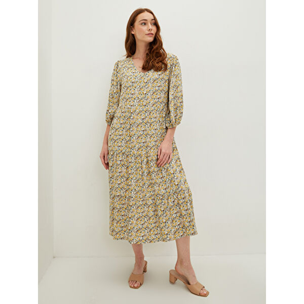 LCW CLASSIC V Yaka Etnik Desenli Viskon Kadın Elbise